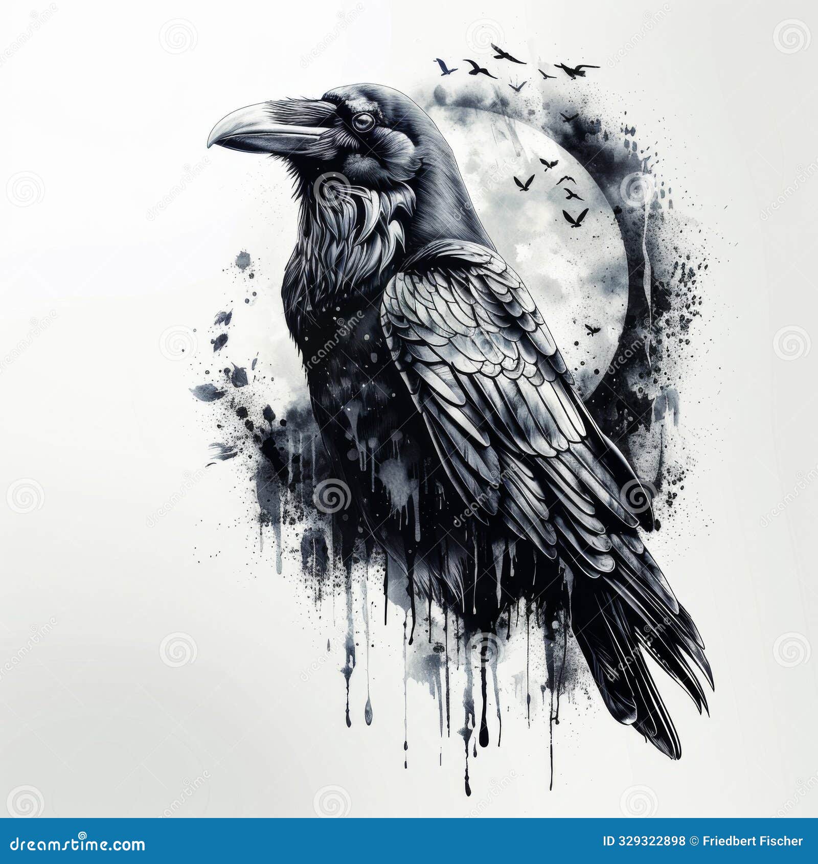 Abstract Black and White Ink Illustration of a Raven with Splatter ...