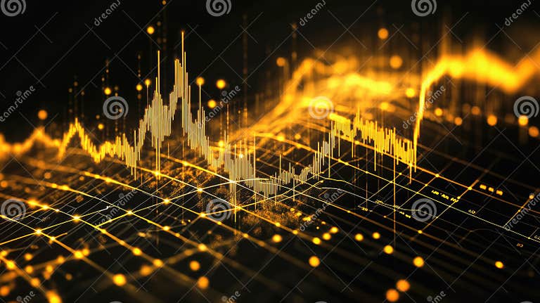 Abstract Black and Yellow Background with Glowing Waves and Financial ...