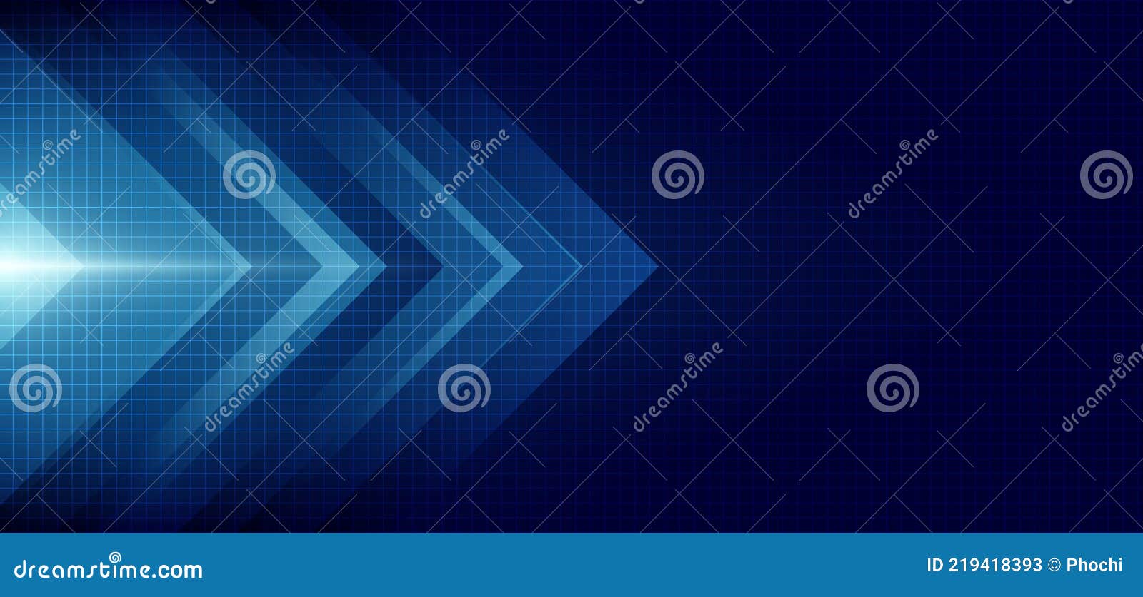 Abstract Blue Arrow Glowing with Lighting and Line Grid on Blue ...