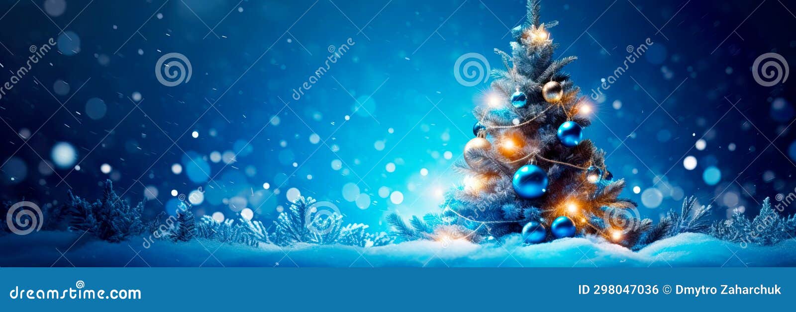 Abstract Blue Background with Christmas Tree and Decorations Stock ...
