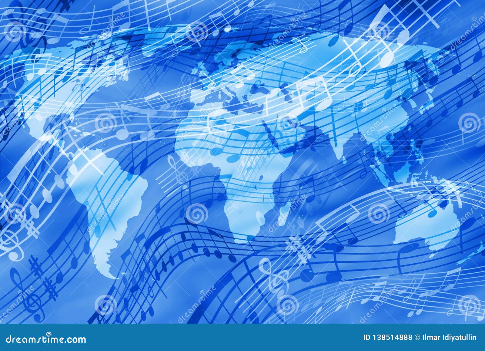 Abstract Blue Background on a Musical Theme with a Map of the World ...