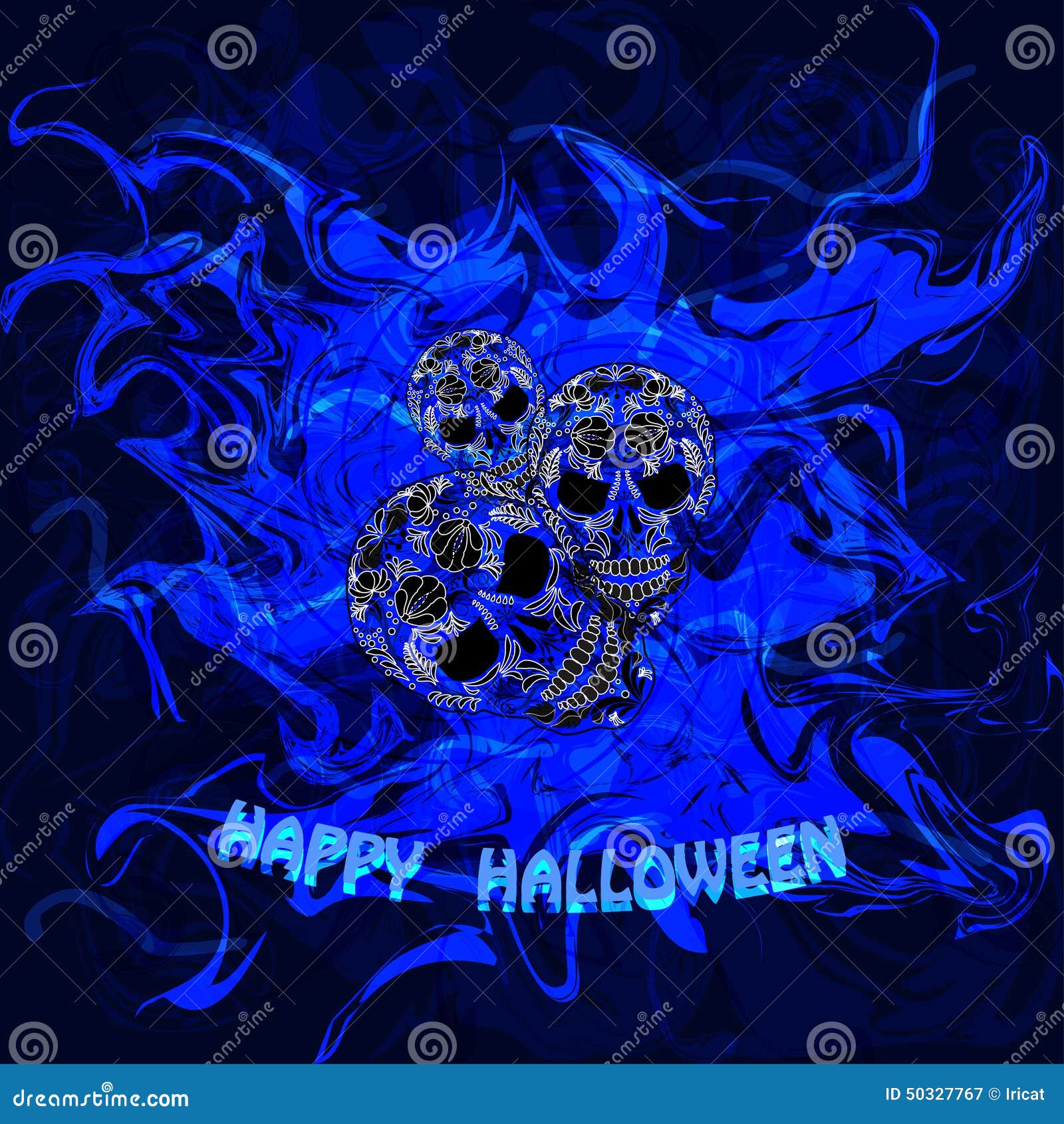 Abstract Blue Background with Skulls and the Words Happy Halloween ...