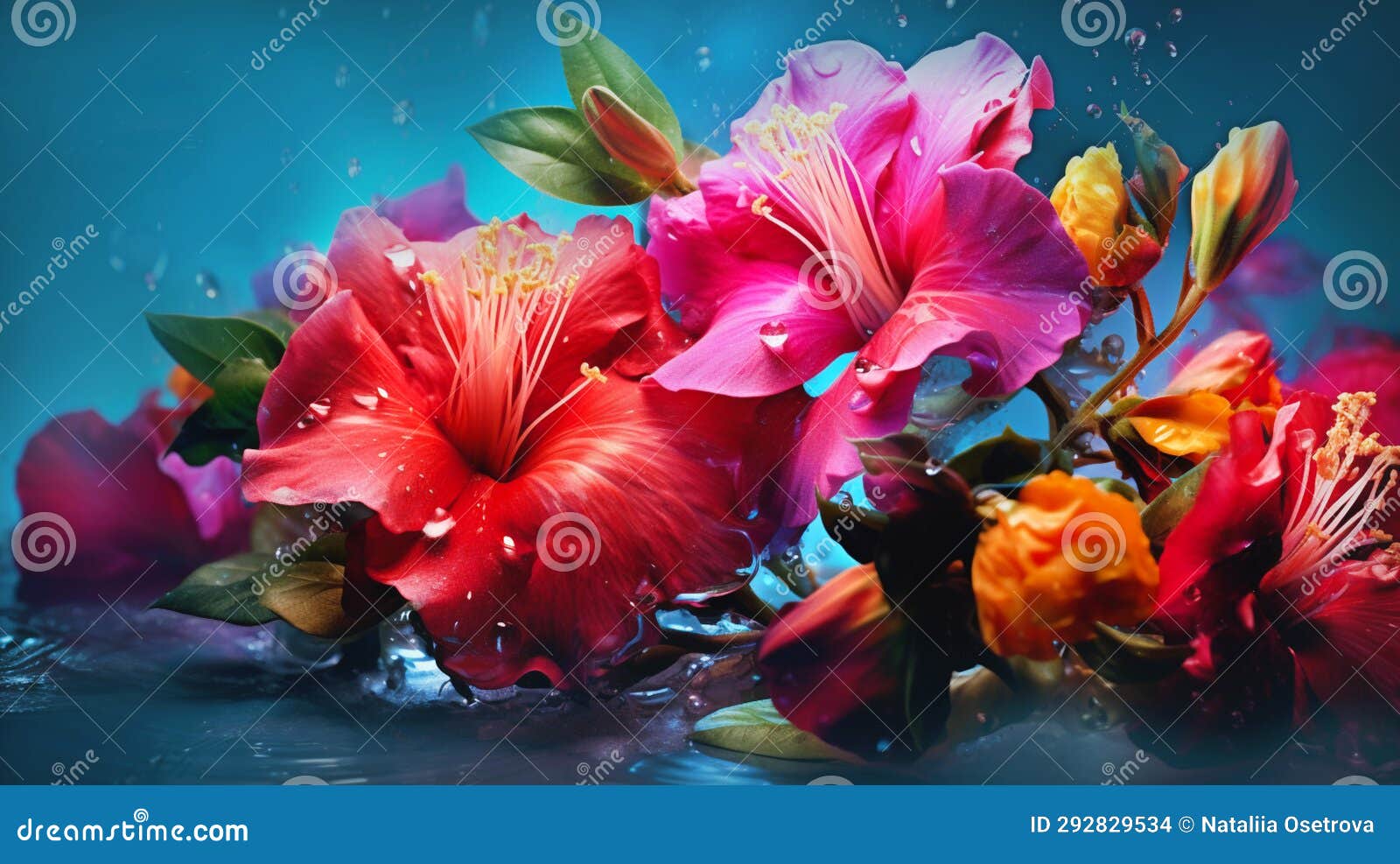 Abstract Blue Background with Tropical Flowers. Visual Aesthetics ...