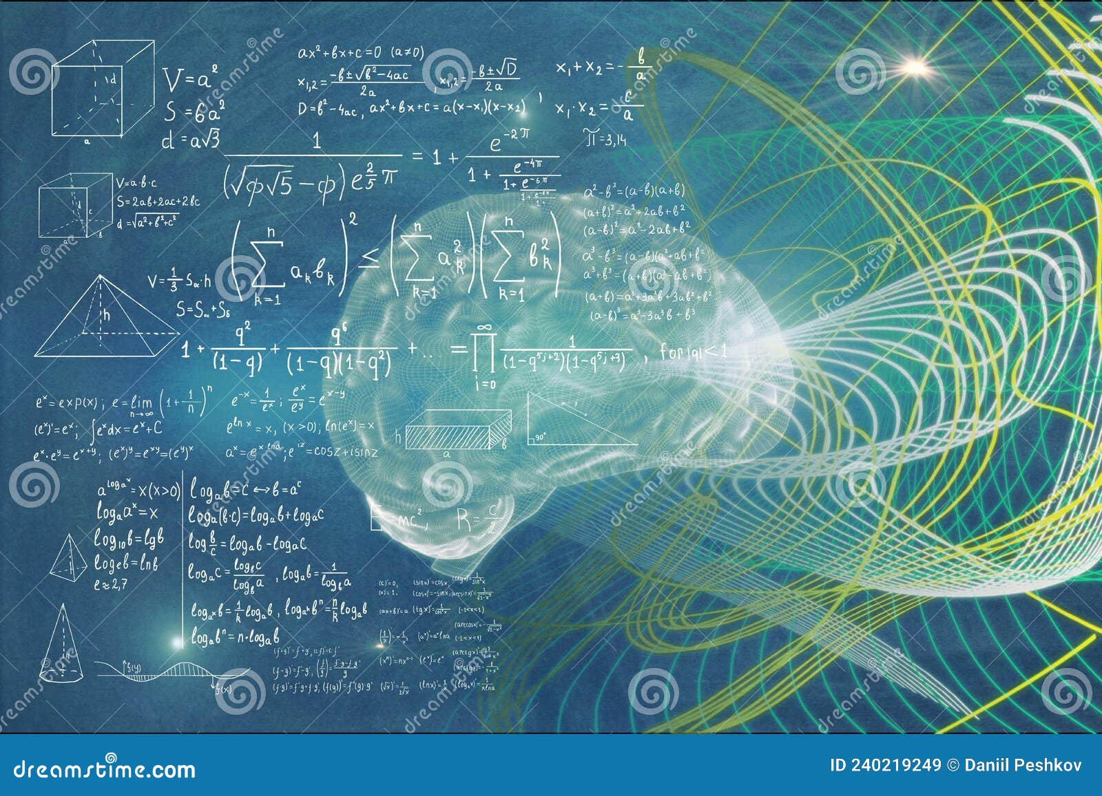 Abstract Blue Brain Background with Mathematical Formulas. Mind Concept ...