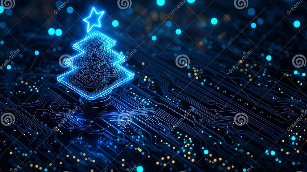 An Abstract Blue Christmas Tree, Illuminated with Technology and ...