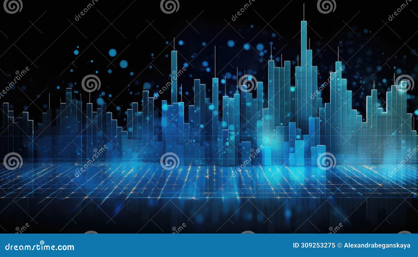 Abstract Blue 3D Bar Graph on a Dark Digital Background with Glowing ...