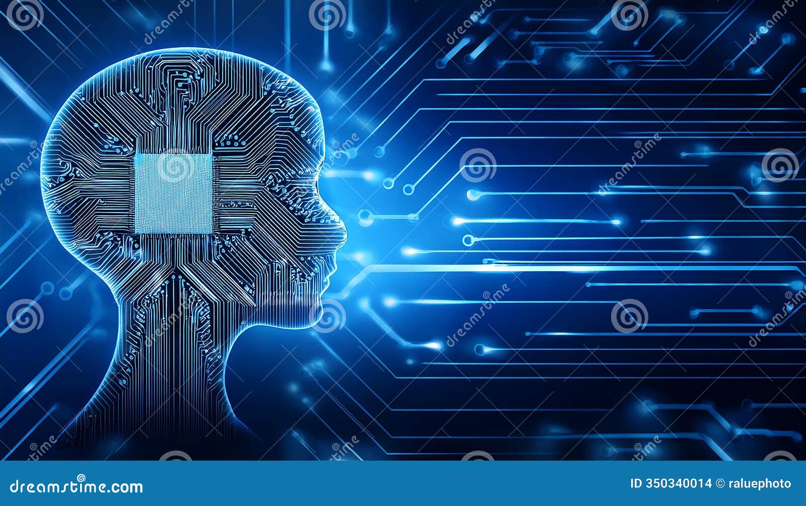 Abstract Blue Digital Background with Chip and Brain Icons on a Virtual ...