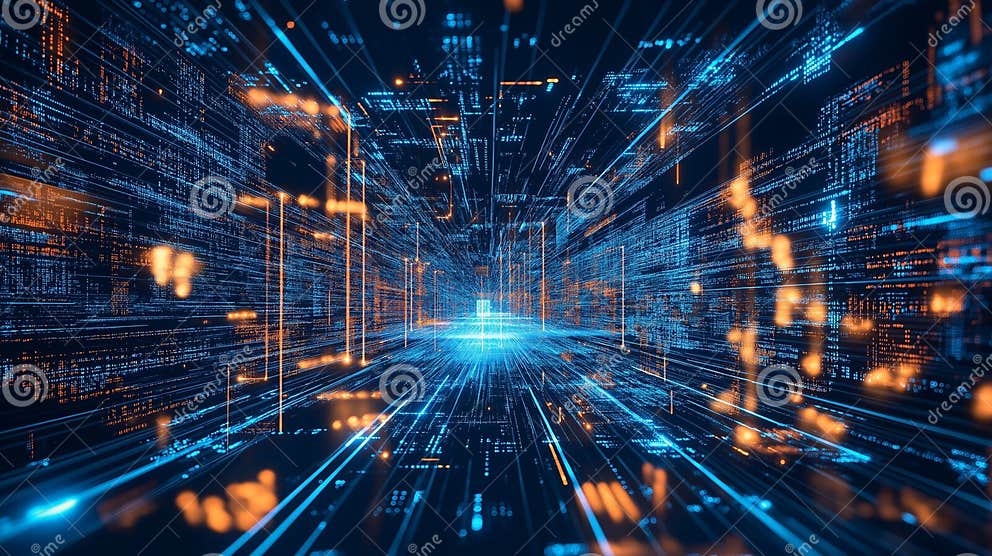 Abstract Blue Digital Field with Neon Data Flows and Algorithmic ...