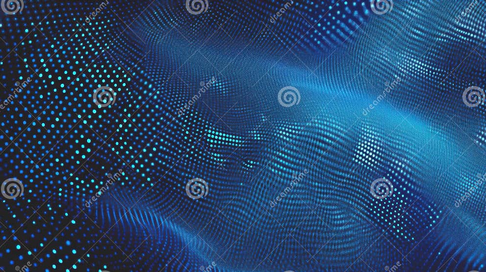 Abstract Blue Digital Particles Flow, Creating a Wave-like Motion. Dynamic Data Visualization ...