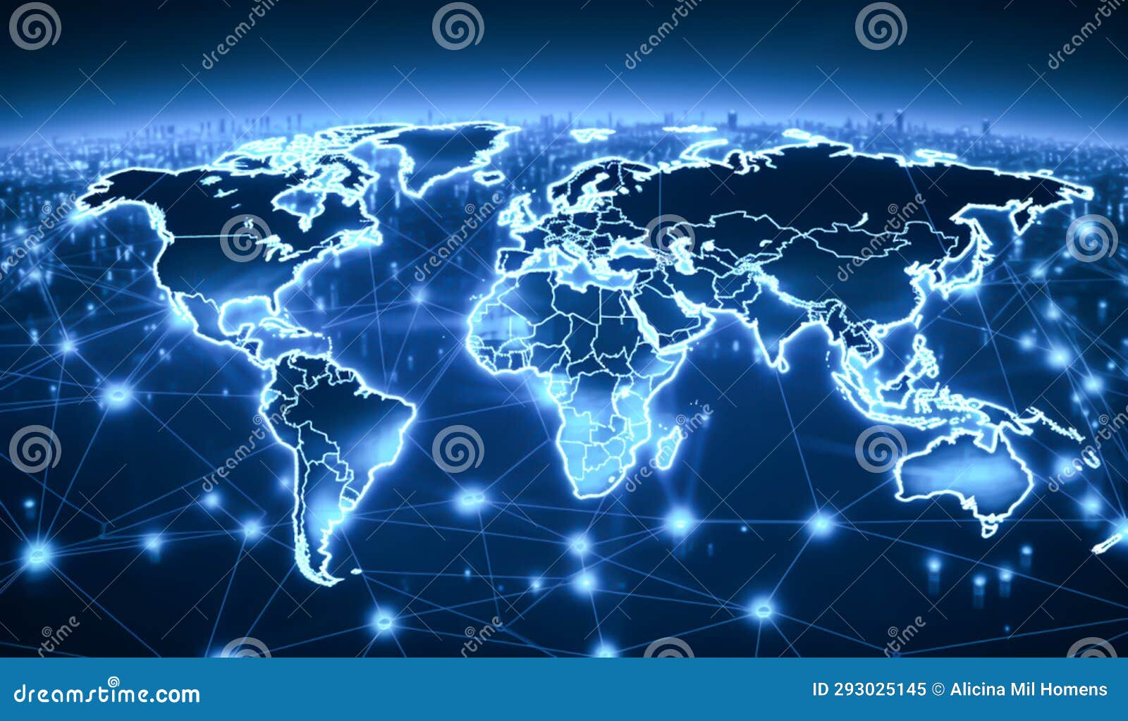 Abstract Blue Digital World Map Background with Light Connections. AI ...