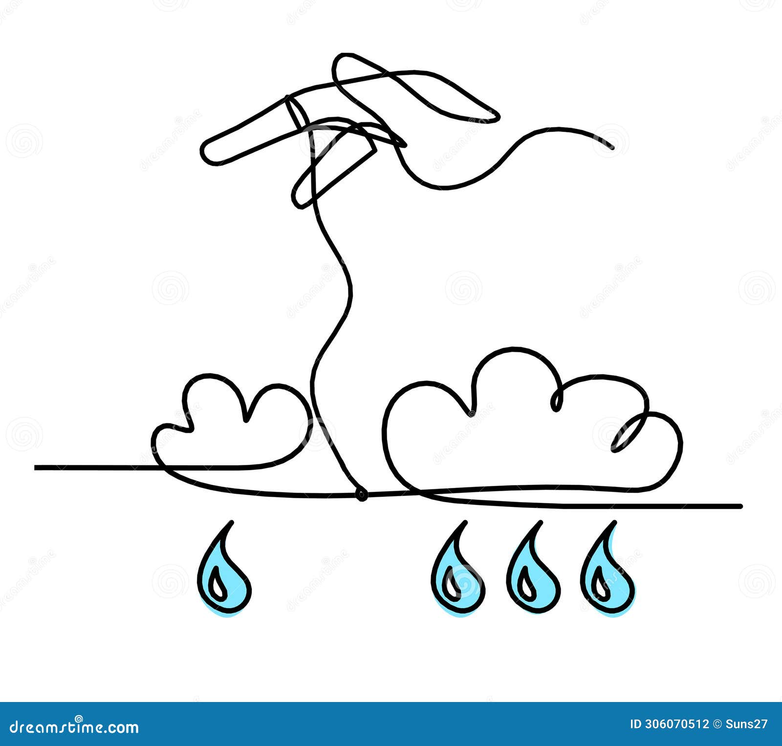 Abstract Blue Drop with Clouds and Hand As Line Drawing on White Stock ...