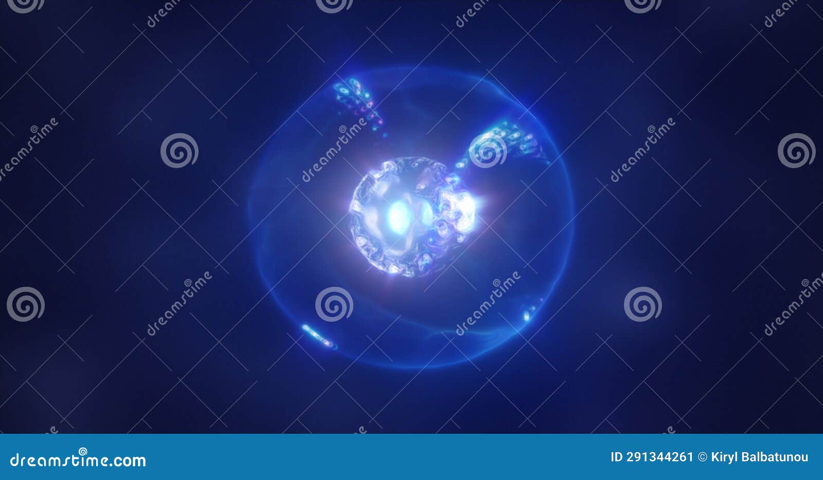 Abstract Blue Energy Sphere with Flying Glowing Bright Particles ...