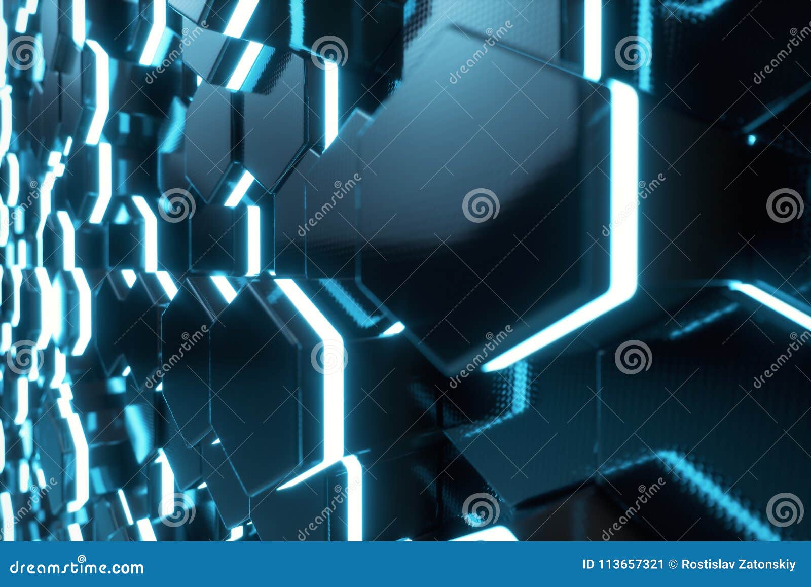 Abstract Blue of Futuristic Surface Hexagon Pattern with Light Rays, 3D ...