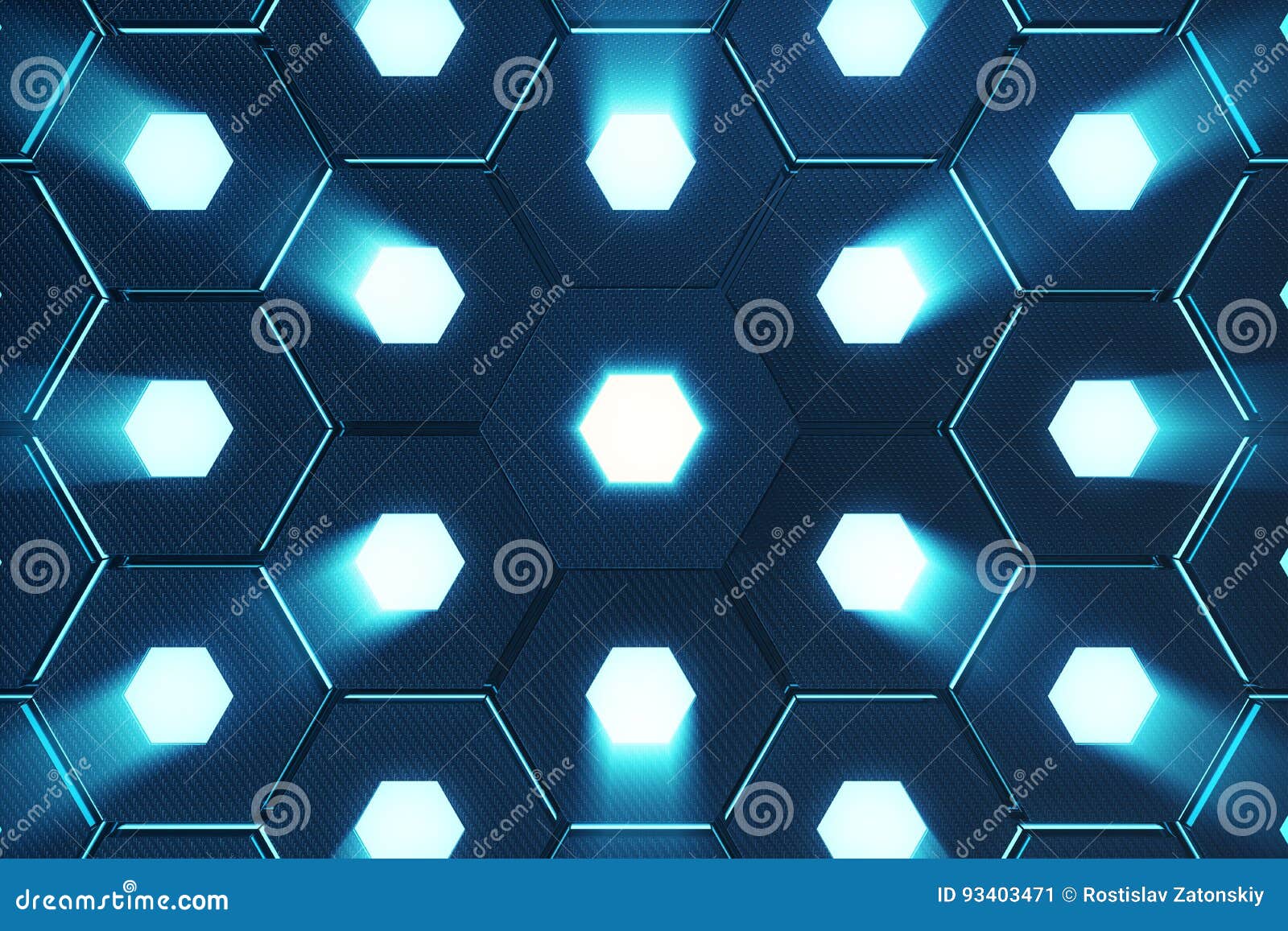 Abstract Blue of Futuristic Surface Hexagon Pattern with Light Rays, 3D ...