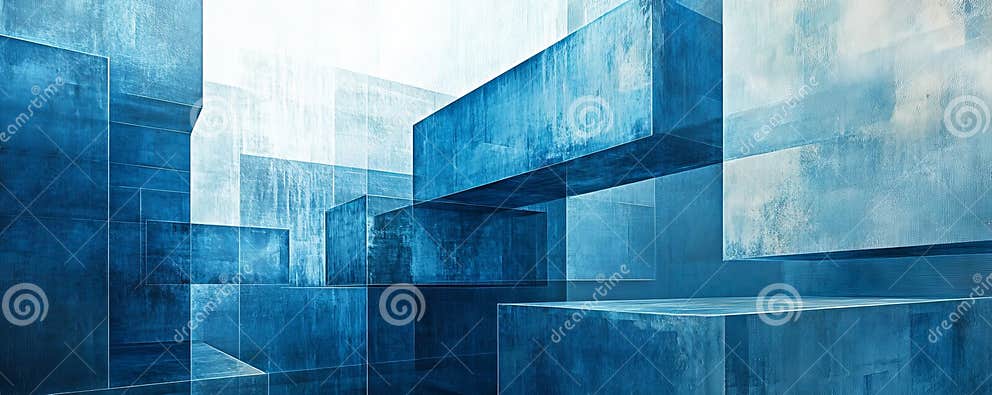 Abstract Blue Geometric Structure with Overlapping Transparent Blocks ...