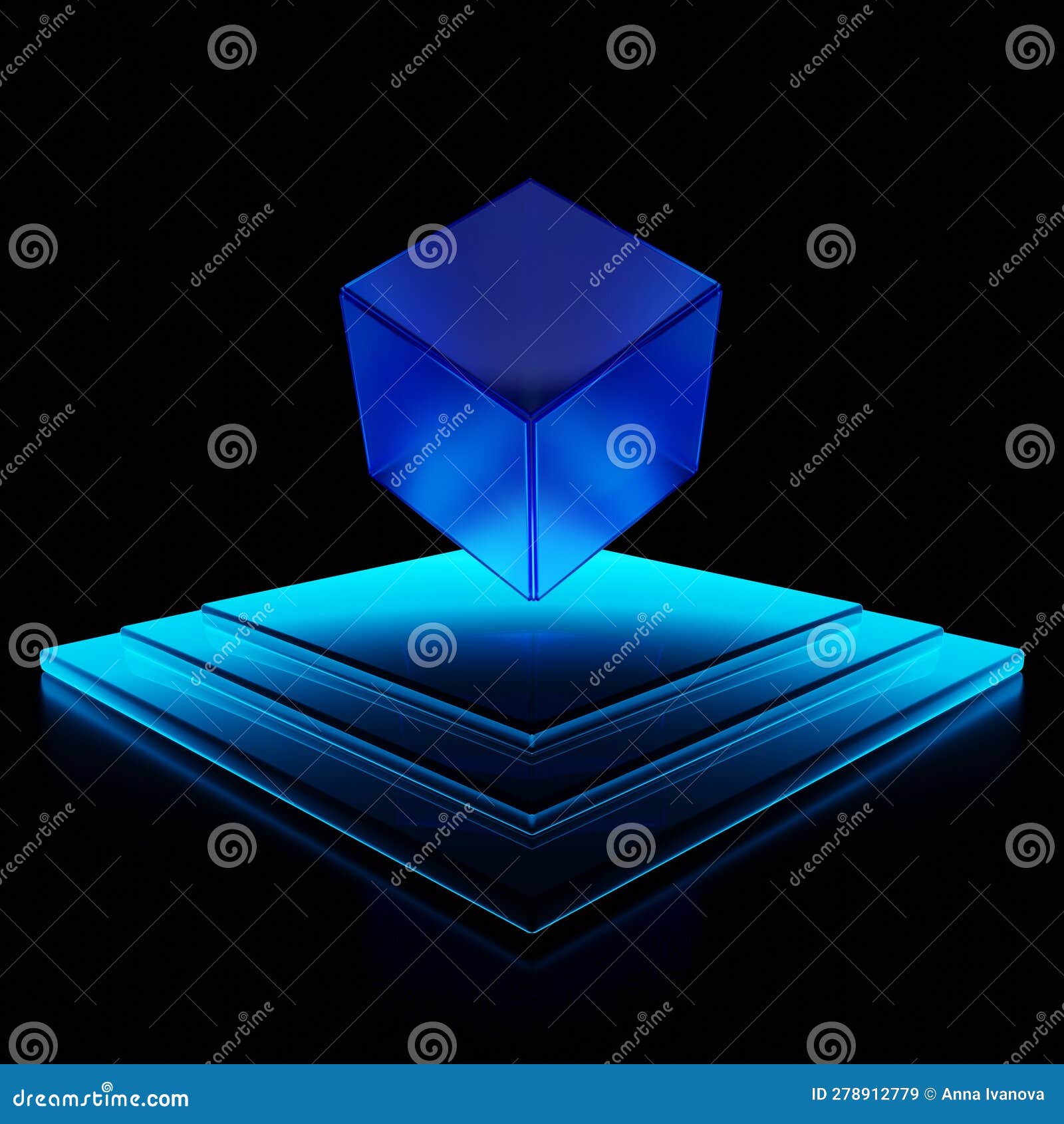 Abstract Blue Glowing Cube on a Platform on a Black Background ...