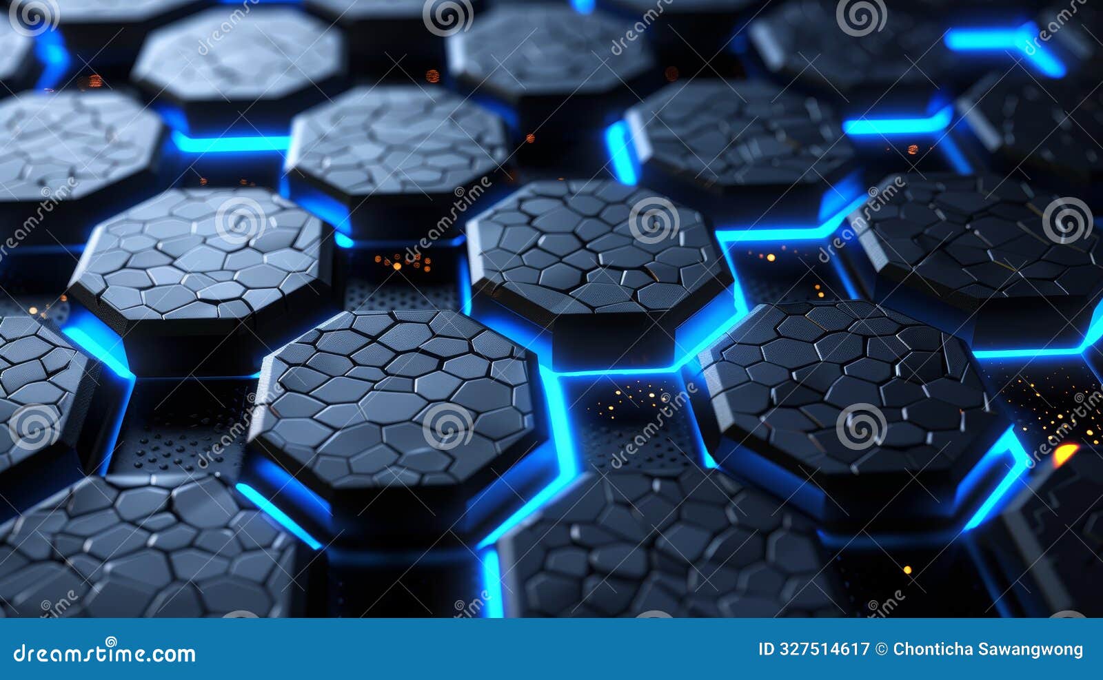 Abstract Blue Glowing Lines Across a Grid of Dark Hexagonal Structures ...