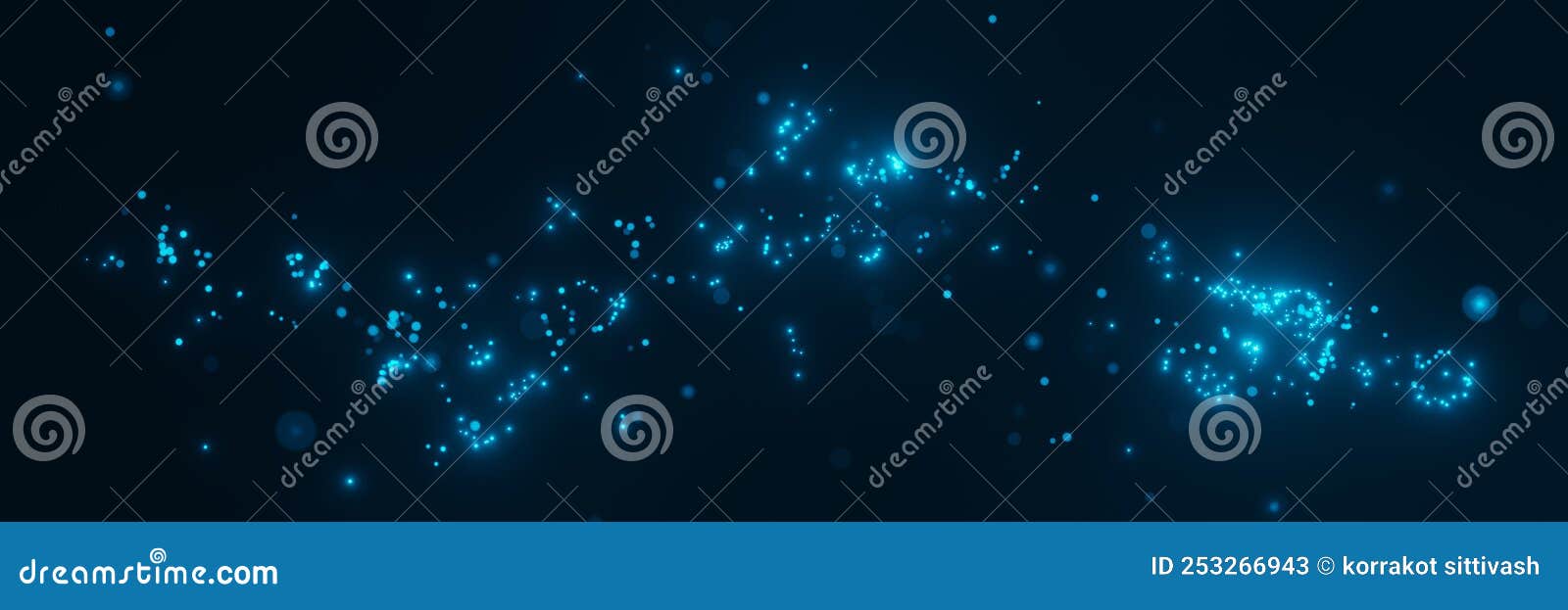 Abstract Blue Glowing Particles Blurred on Dark Panorama Background 3D ...
