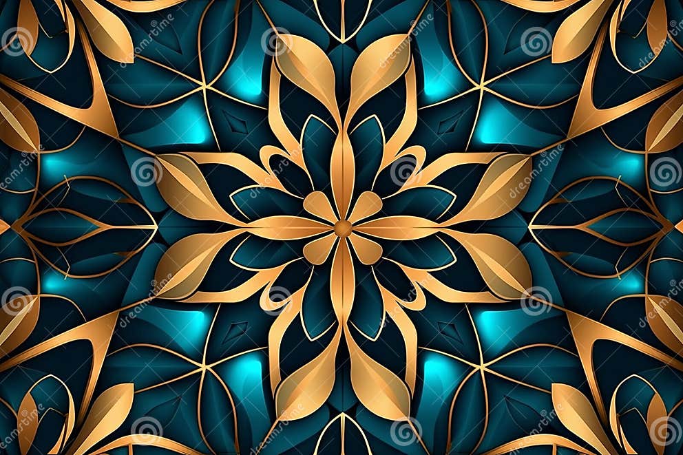 An Abstract Blue and Gold Floral Pattern on a Black Background Stock ...