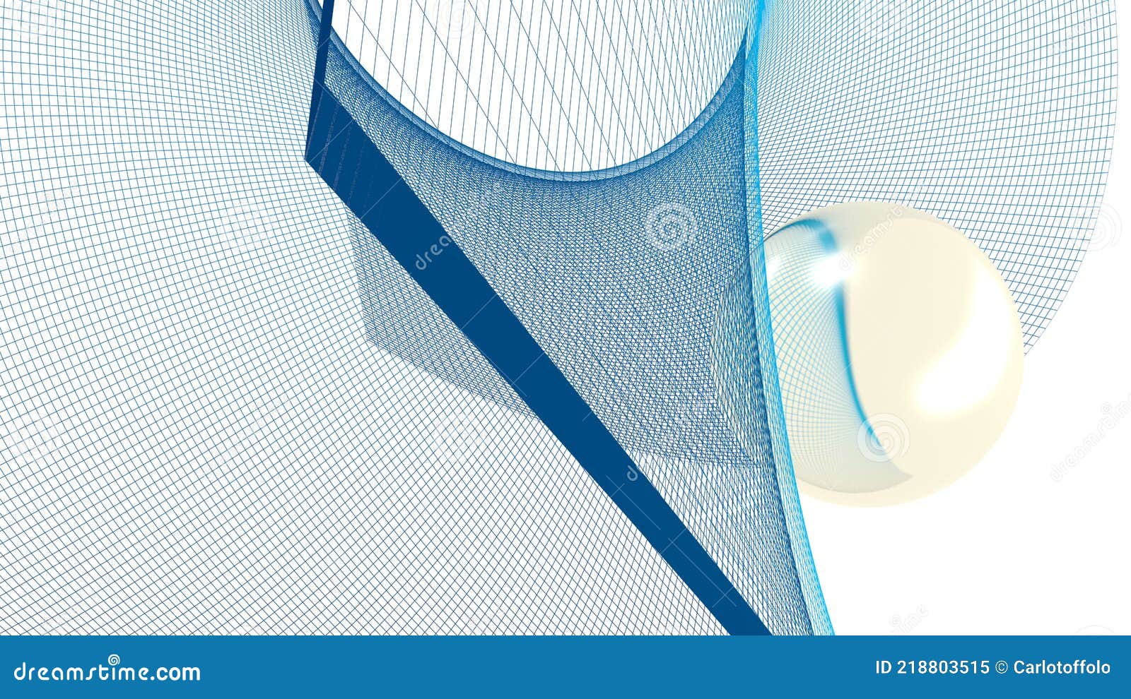 Abstract Blue Grid Surface on White Background with a Golden Sphere ...