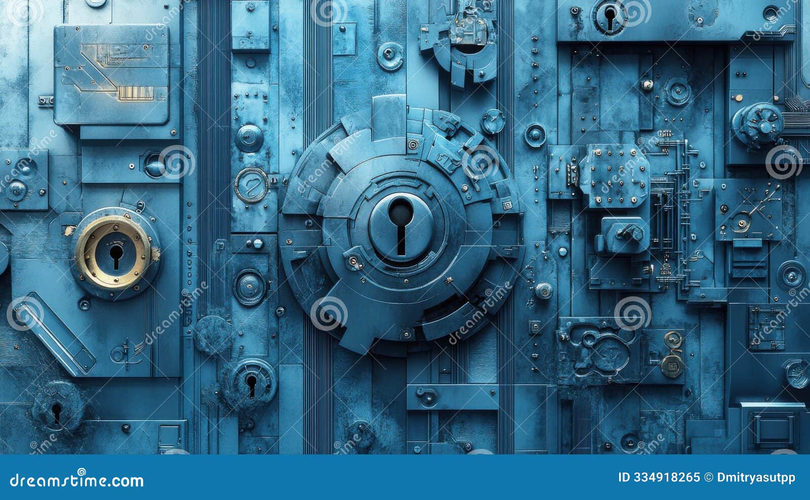 Abstract Blue Industrial Wall with Circular Elements and Mechanical ...