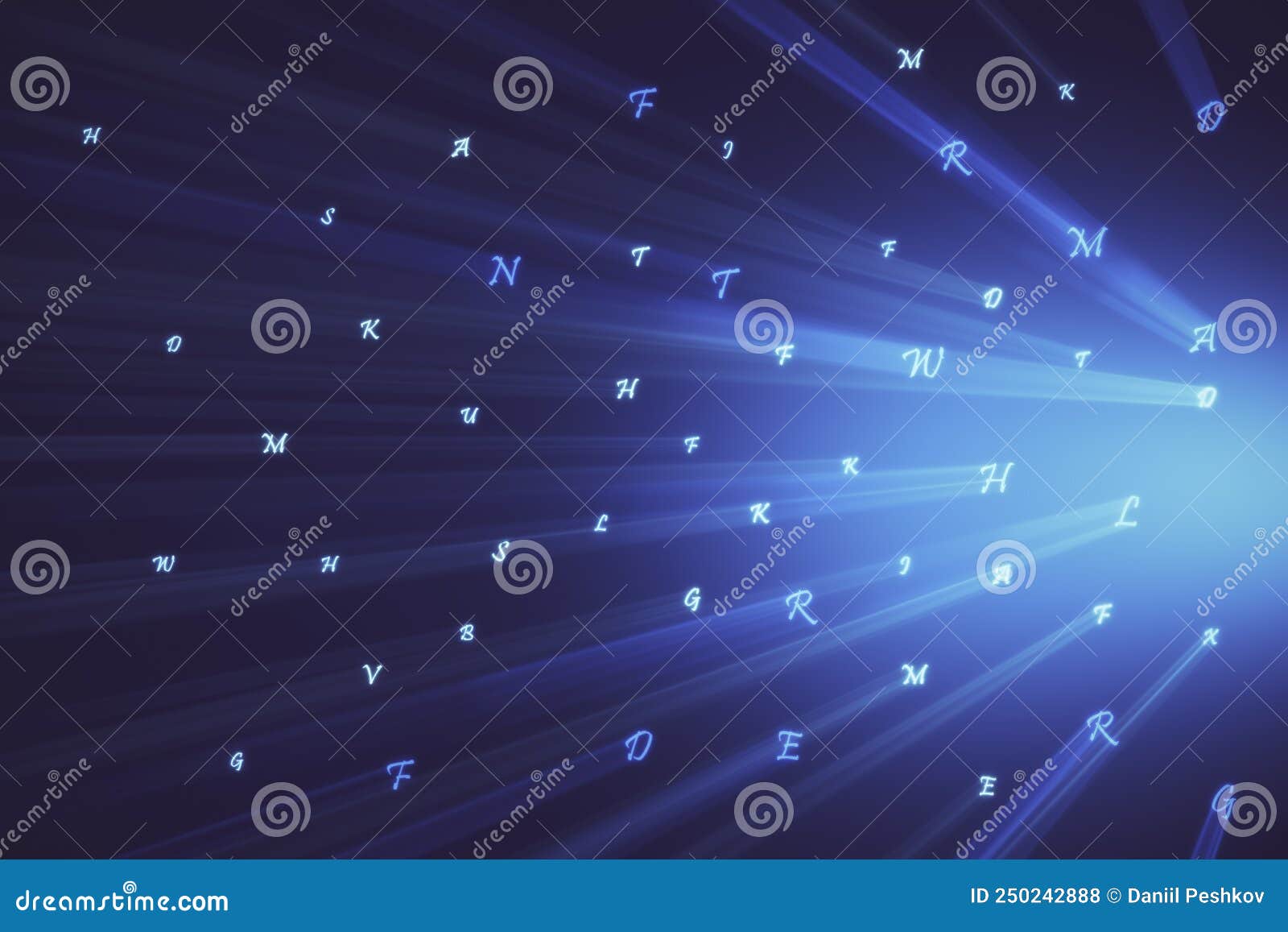 Abstract Blue Letter Alphabet Texture with Light Rays. Digital ...