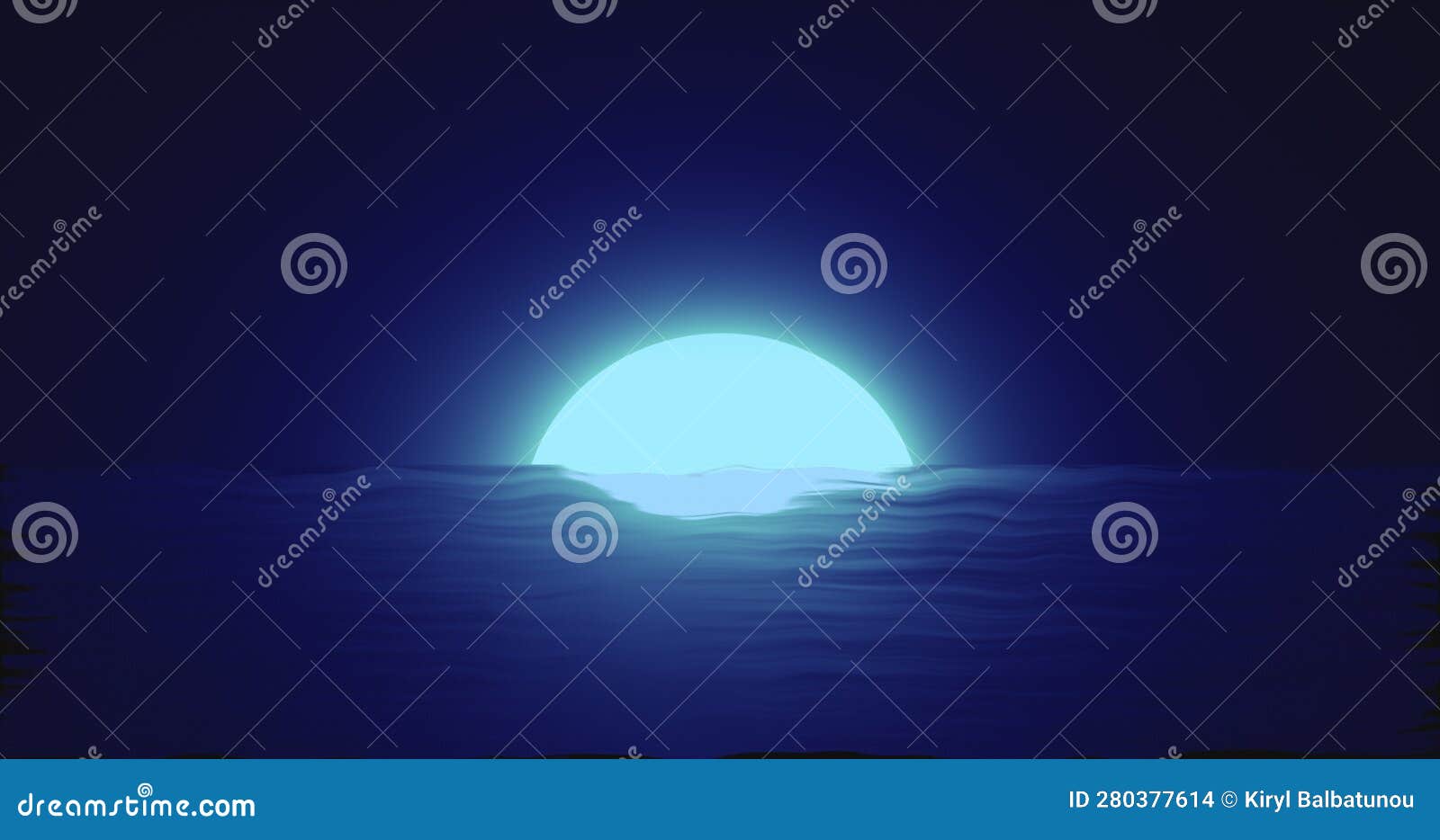 Abstract Blue Moon Over Water Sea and Horizon with Reflections Stock ...