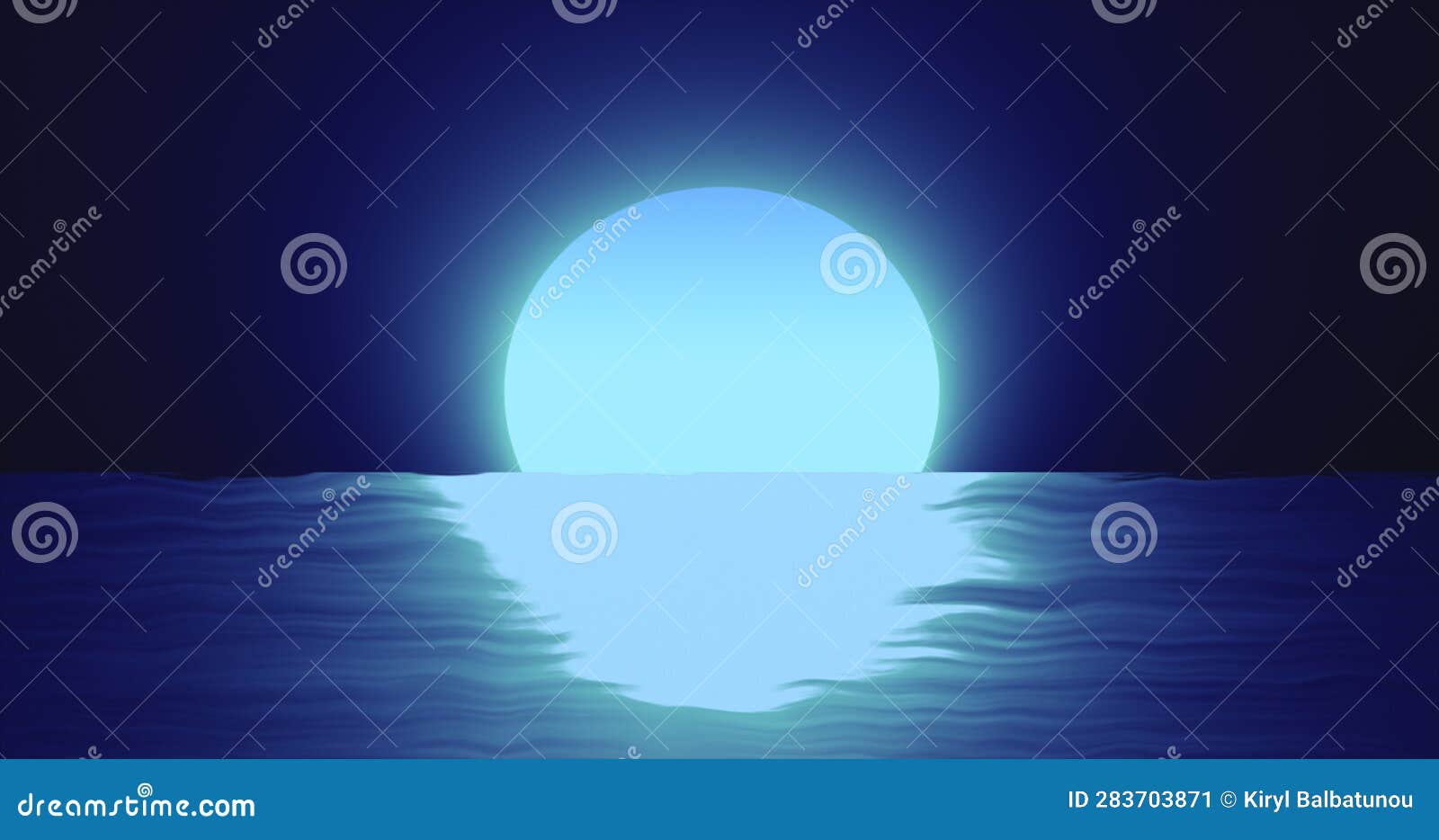 Abstract Blue Moon Over Water Sea and Horizon with Reflections Stock ...
