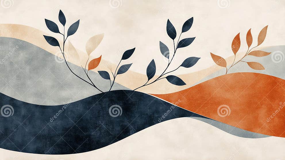 Abstract Blue Orange Beige Wave Pattern with Leaves Stock Illustration ...