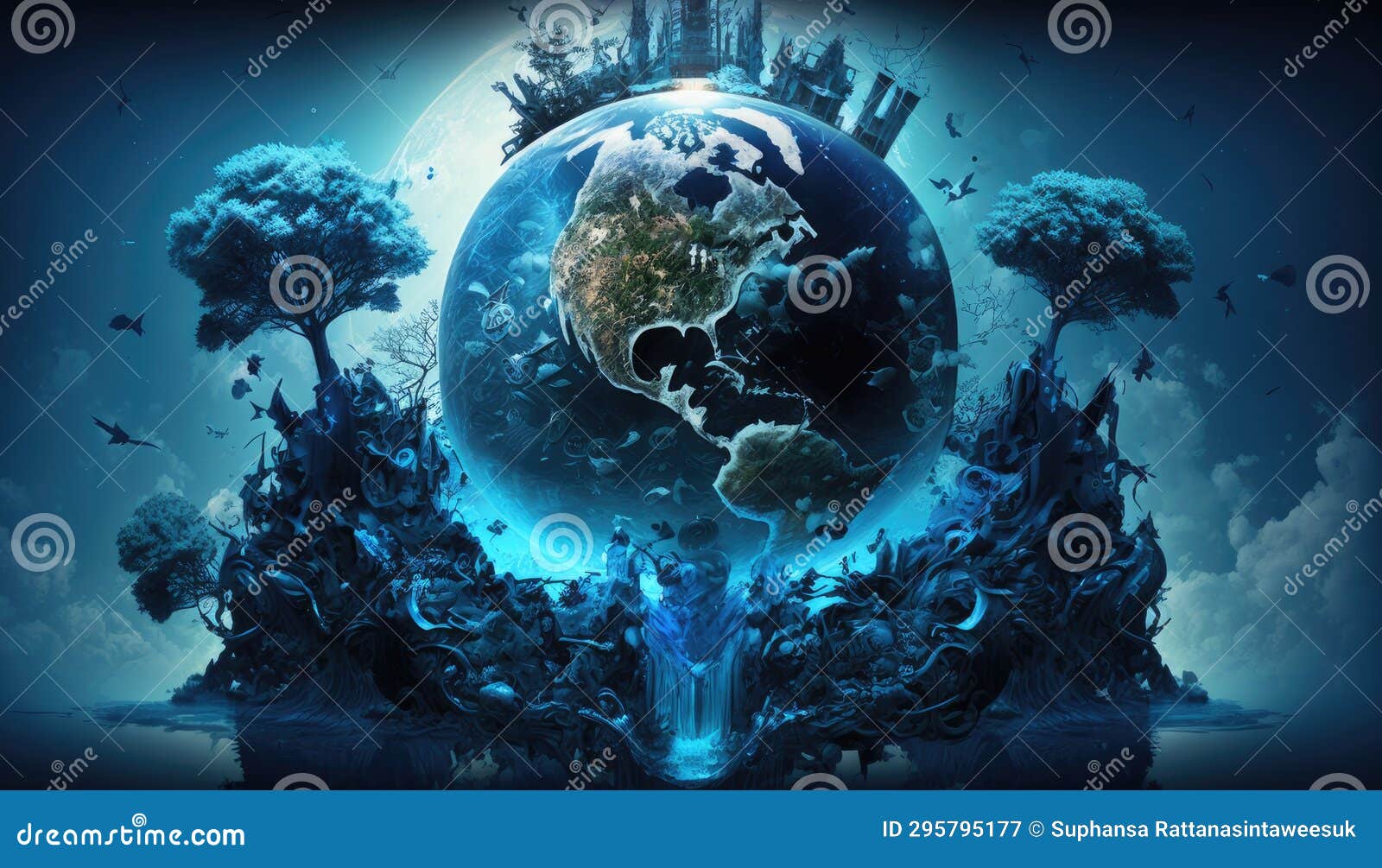 Abstract Blue Planet Cover with Tree Stock Image - Image of futuristic ...