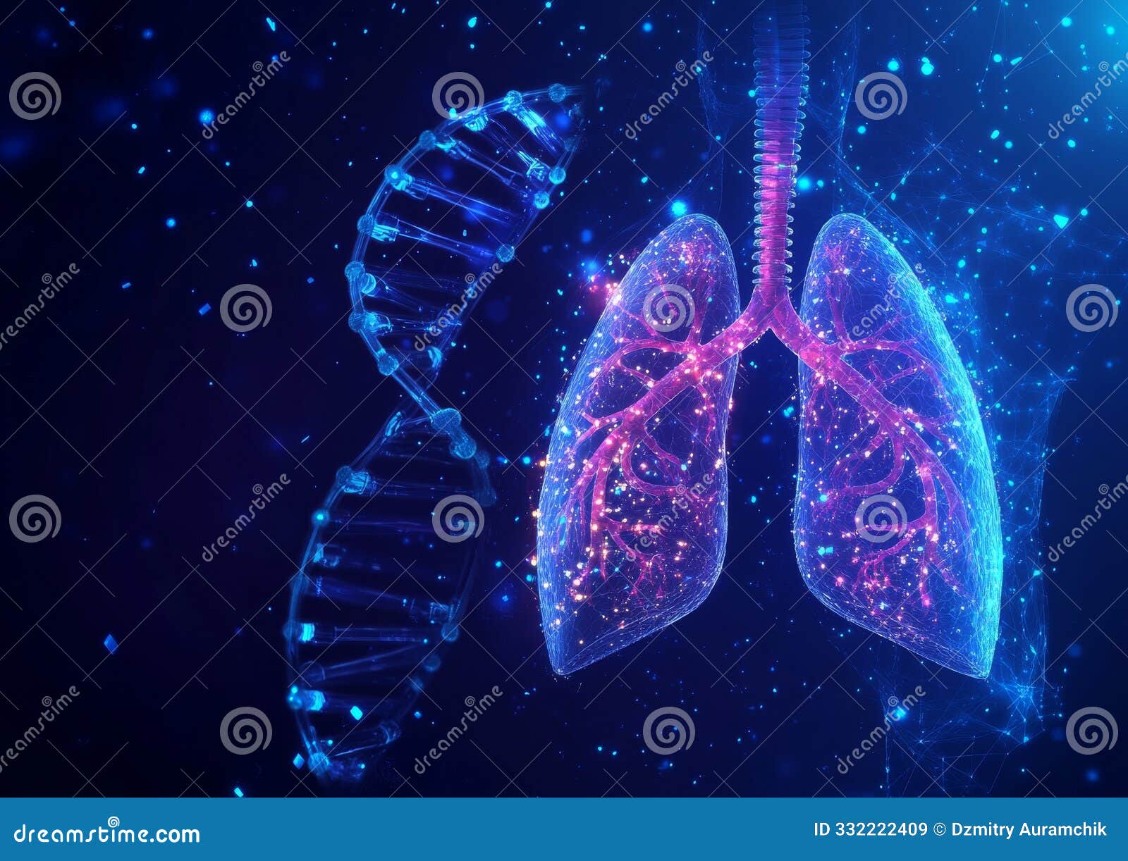 An Abstract Blue and Purple DNA Molecule Helix and Human Lungs are ...