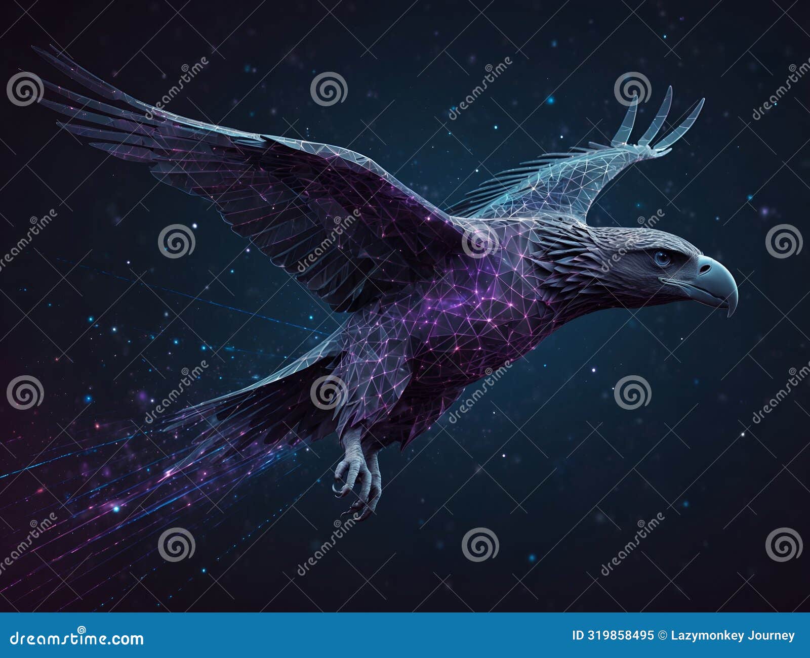 Abstract Blue Purple Wireframe Eagle in Flight in the Form of a Starry Sky Consisting of Points ...