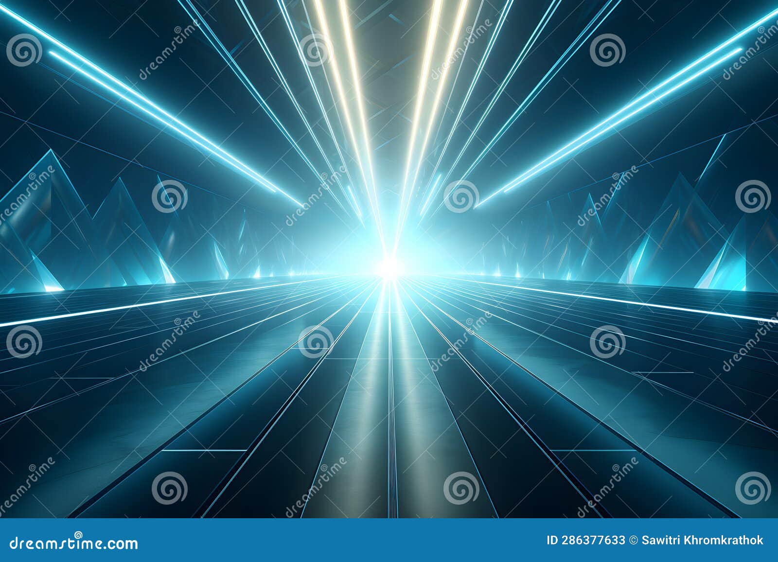 3D Abstract Blue Rays Light Shining Out of Large Open Space Background ...