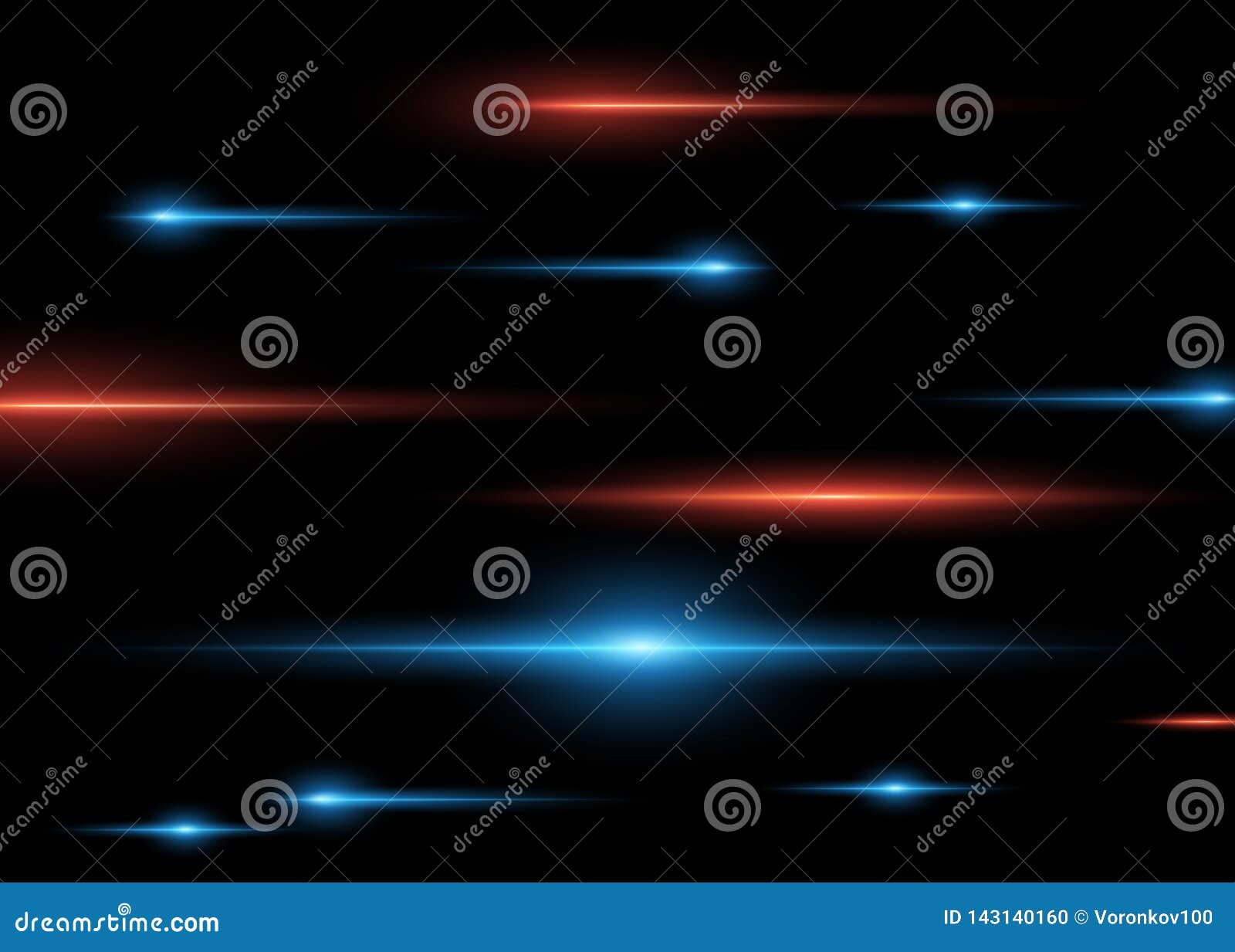 Abstract Blue and Red Horizontal Bright Rays on Dark Isolated ...