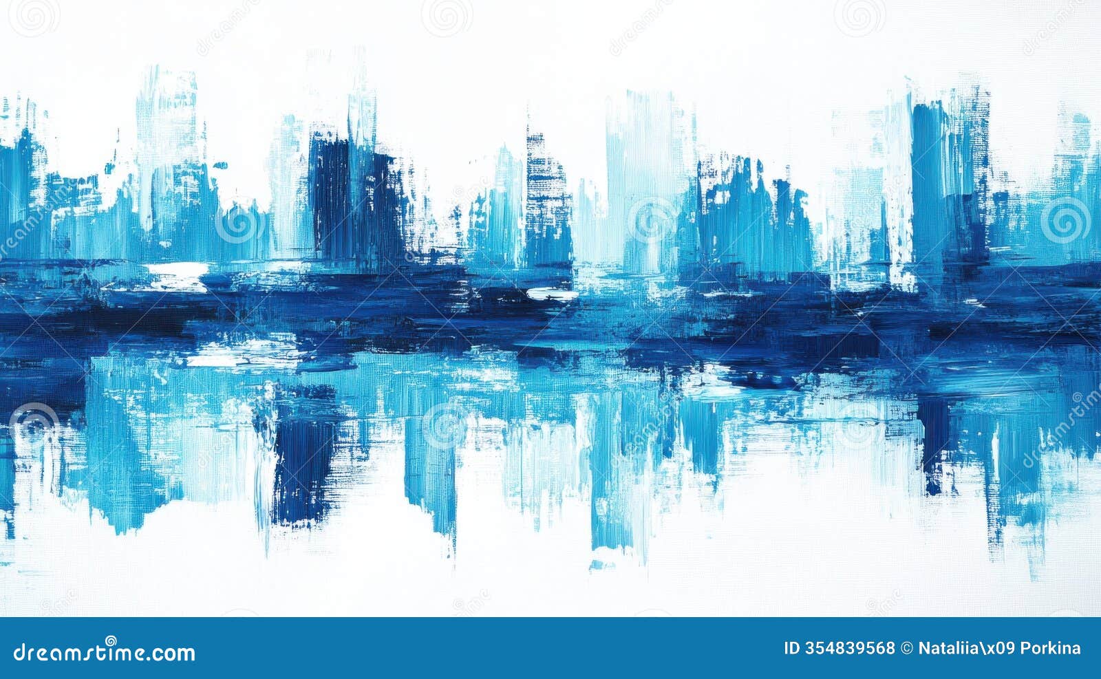 Abstract Blue Skyline with Reflective Water Strokes in Paint Artwork ...