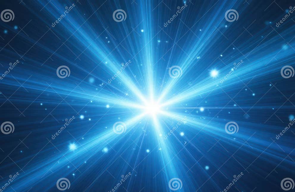 Abstract Blue Starburst with Glowing Light Rays. Bright Light Source ...