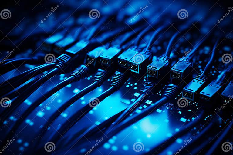 Abstract Blue Technological Background with Cables and Plugs Stock ...