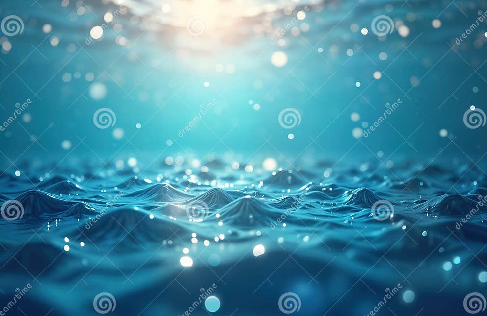 Abstract Blue Water Surface with Gentle Waves, Light Reflections. Ripples, Light Caustic Effect ...