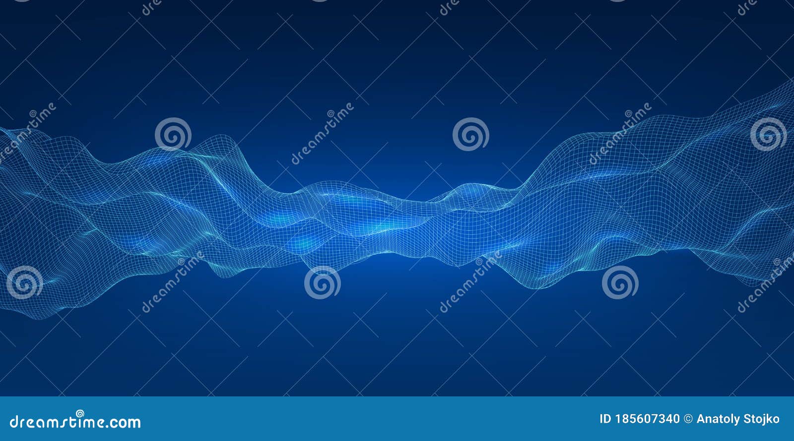 Abstract Blue Wavy Wireframe Grid on Blue Background. Technology or ...