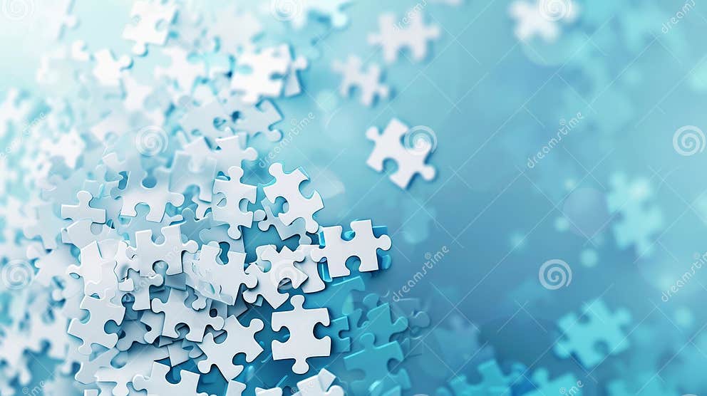 Abstract Blue and White Puzzle Pieces Scattering on a Blue Background ...