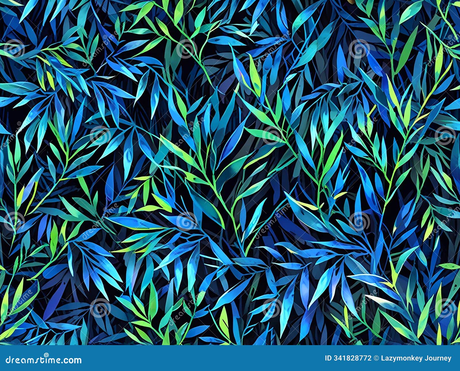 Abstract Blue Willow Leaf Watercolor Texture. Psychedelic Neon Foliage ...