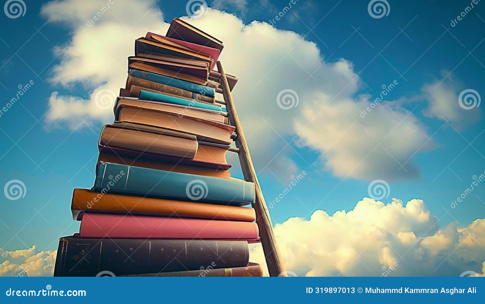 Abstract Book Stack with Ladder on Sky with Clouds Background. Stock ...