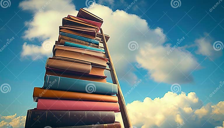 Abstract Book Stack with Ladder on Sky with Clouds Background. Stock ...