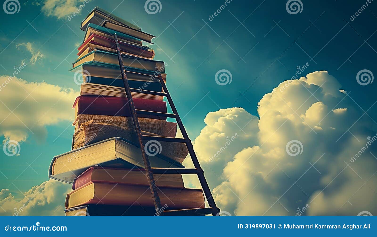 Abstract Book Stack with Ladder on Sky with Clouds Background. Stock ...