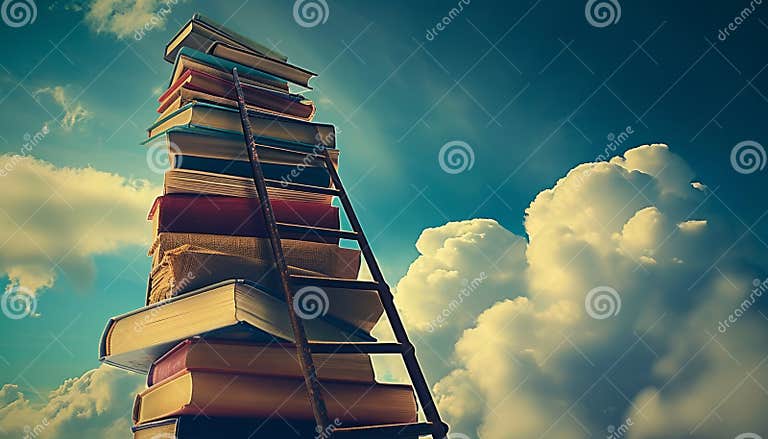 Abstract Book Stack with Ladder on Sky with Clouds Background. Stock ...