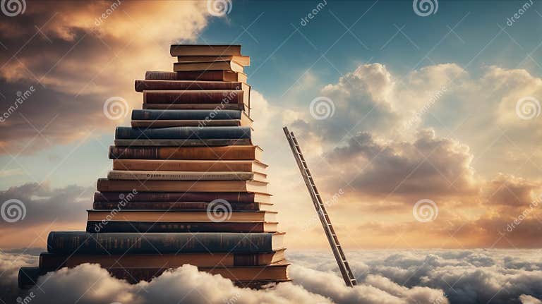 Abstract Book Stack with Ladder on Sky with Clouds Background Stock ...