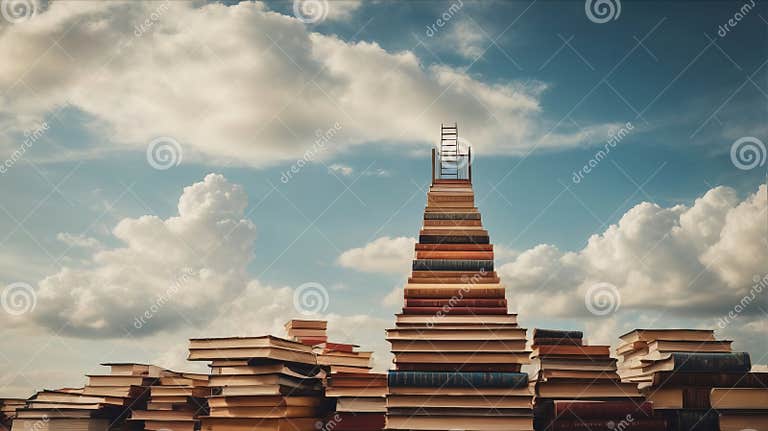 Abstract Book Stack with Ladder on Sky with Clouds Background Stock ...