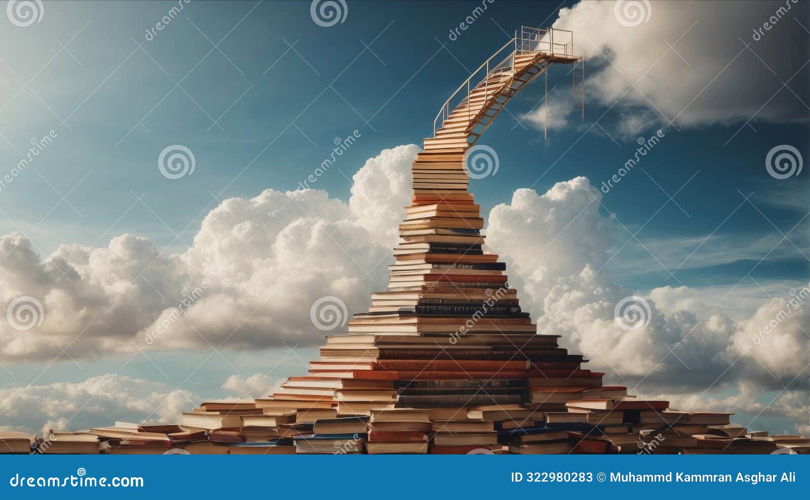 Abstract Book Stack with Ladder on Sky with Clouds Background Stock ...