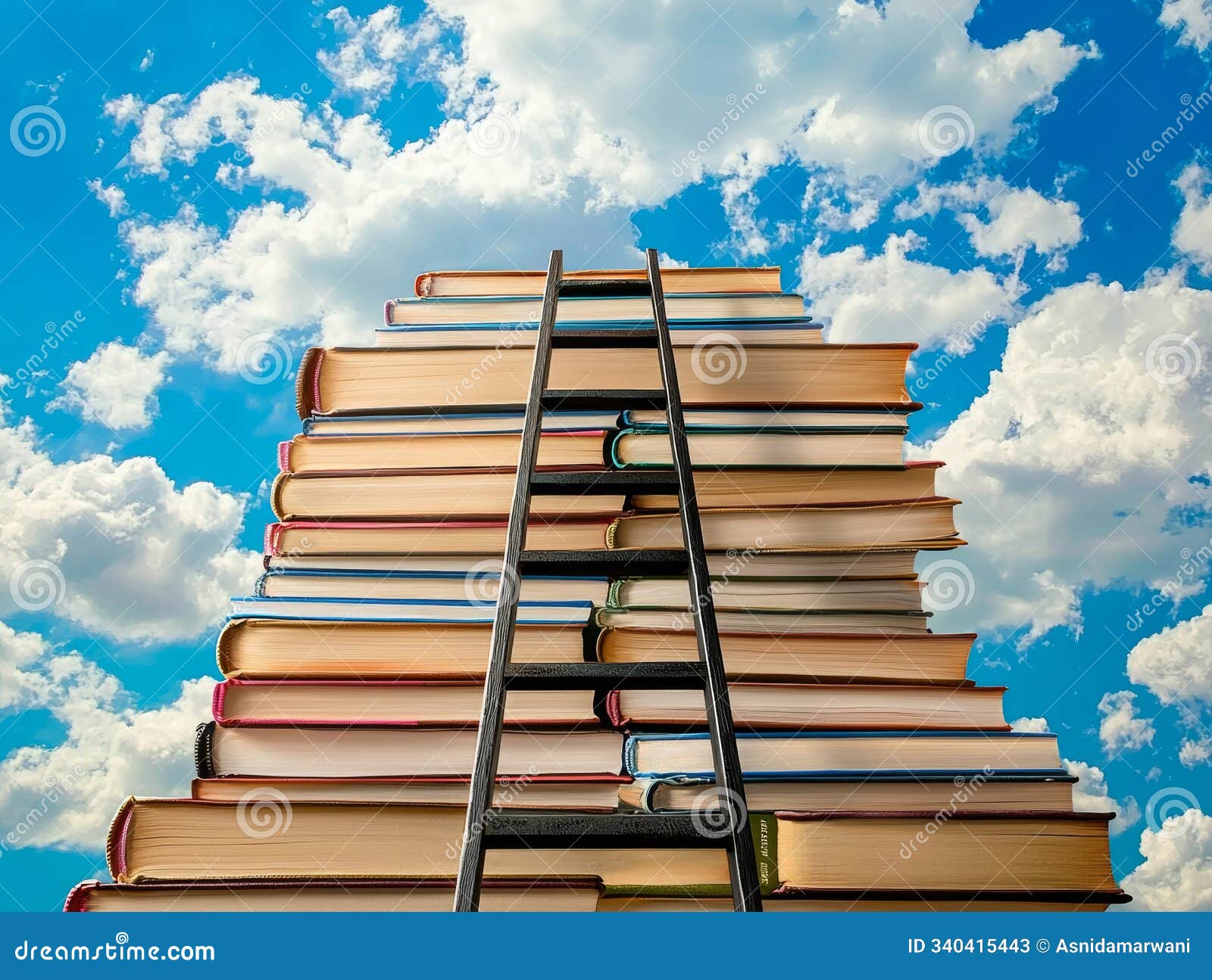 Abstract Book Stack with Ladder on Sky with Clouds Background. Stock ...