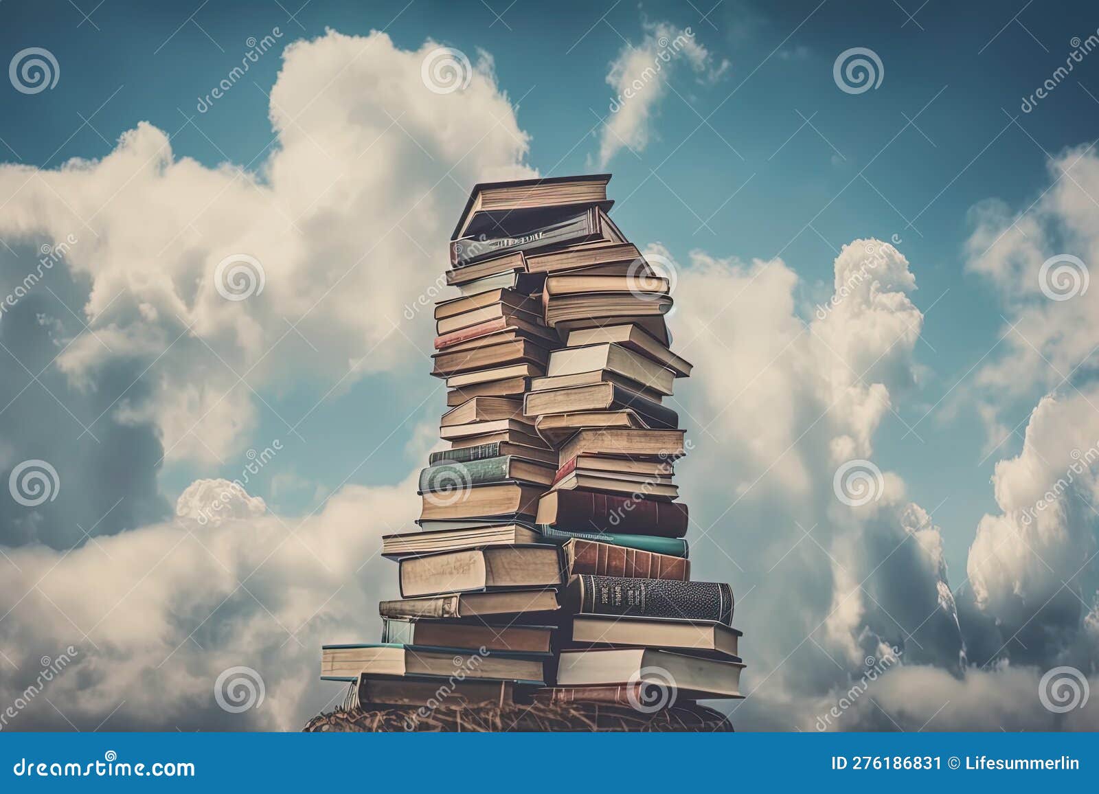 Abstract Book Stack with Ladder on Sky with Clouds Background ...